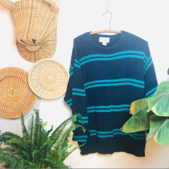 Vintage | Sweaters | Vsco 9s Teal Striped Oversized Boyfriend Sweater ...